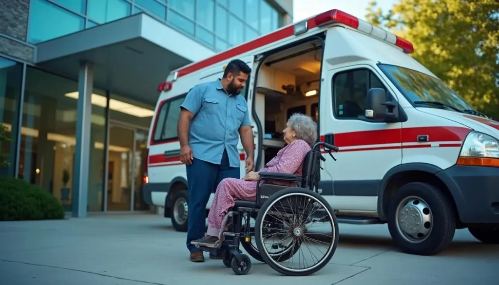A healthcare provider assists an elderly woman in a wheelchair as they ...